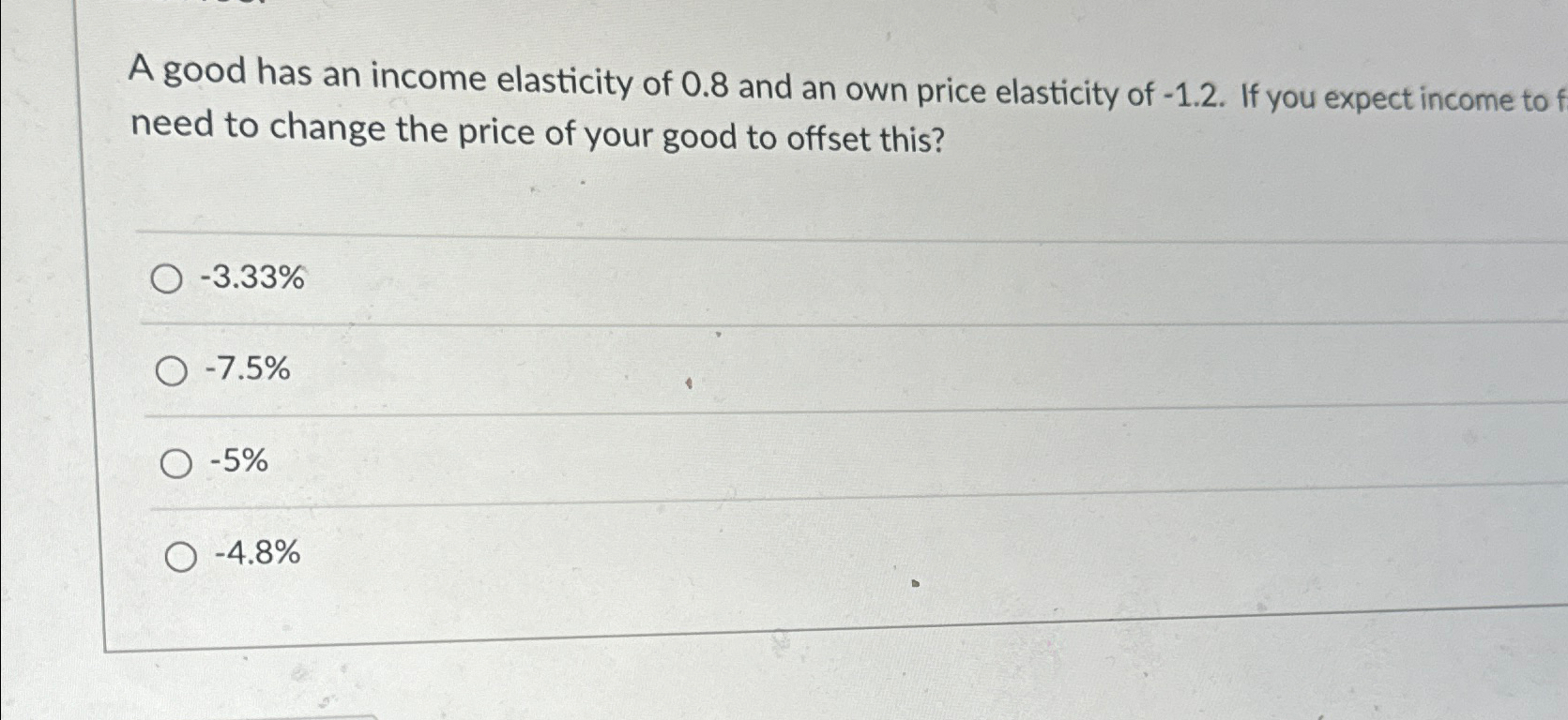 Solved A good has an income elasticity of 0.8 ﻿and an own | Chegg.com