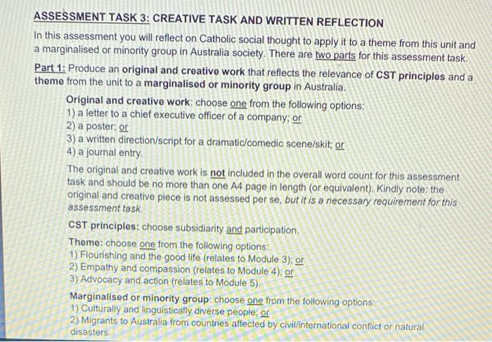 SESSMENT TASK 3: CREATIVE TASK AND WRITTEN REFLECTION | Chegg.com