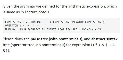 Solved Given the grammar we defined for the arithmetic | Chegg.com