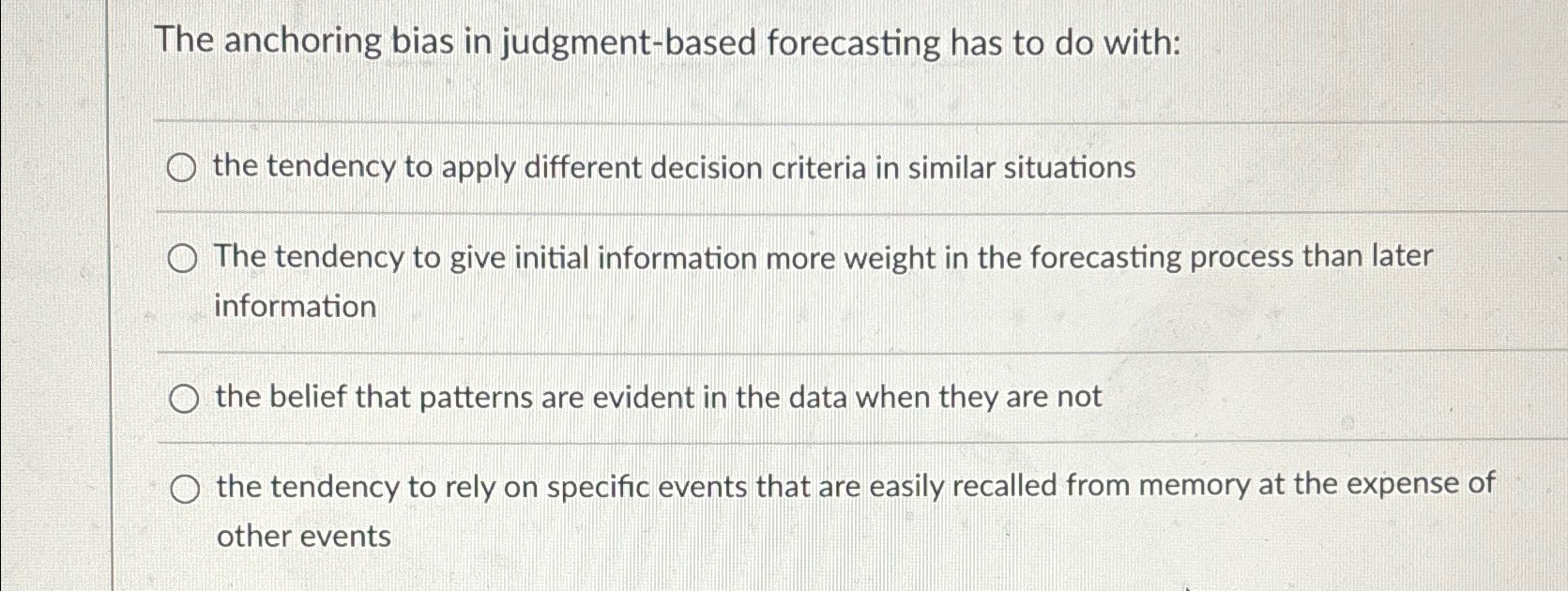 Solved The anchoring bias in judgment-based forecasting has | Chegg.com