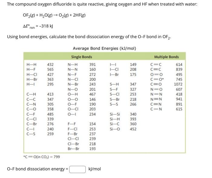 Solved OF2(g)+H2O(g)→O2(g)+2HF(g)ΔE∘rxn=−318 kJ Using bond | Chegg.com