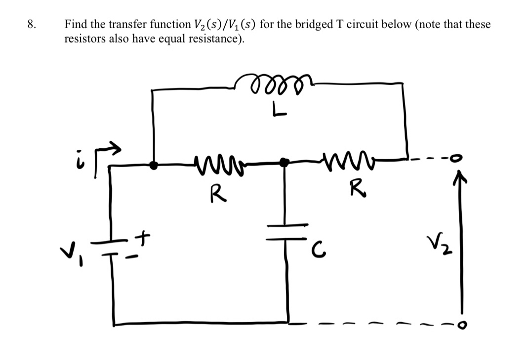 Solved Find the transfer function V2sV1(s) ﻿for the bridged | Chegg.com