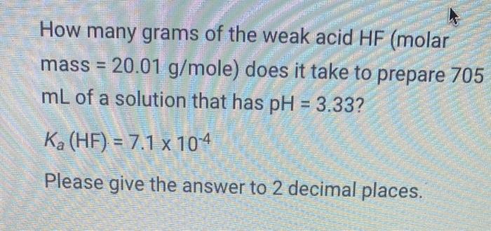 Solved How many grams of the weak acid HF (molar mass =20.01 | Chegg.com