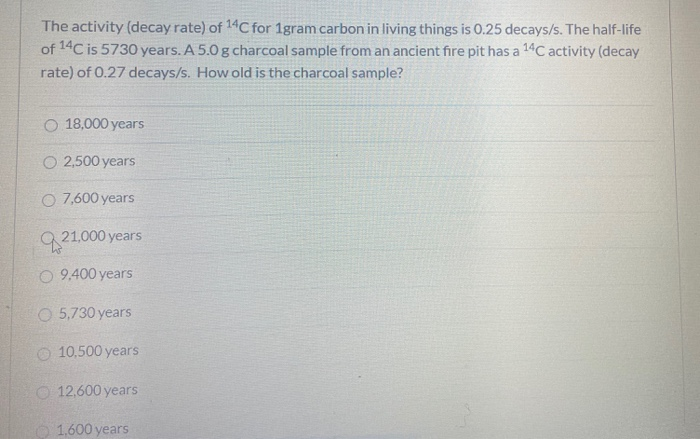 Solved The activity (decay rate) of 14C for 1gram carbon in | Chegg.com