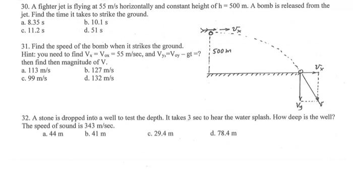Solved 30. A fighter jet is flying at 55 m/s horizontally | Chegg.com