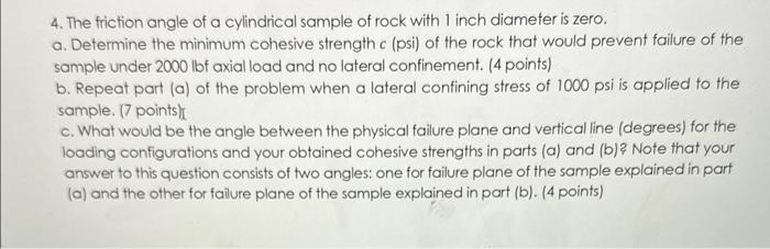 Solved 4. The friction angle of a cylindrical sample of rock | Chegg.com