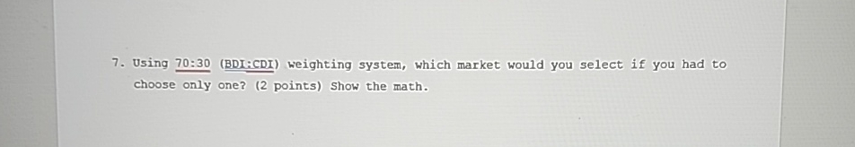 Solved Using 70:30 (BDI:CDI) ﻿weighting system, which market | Chegg.com