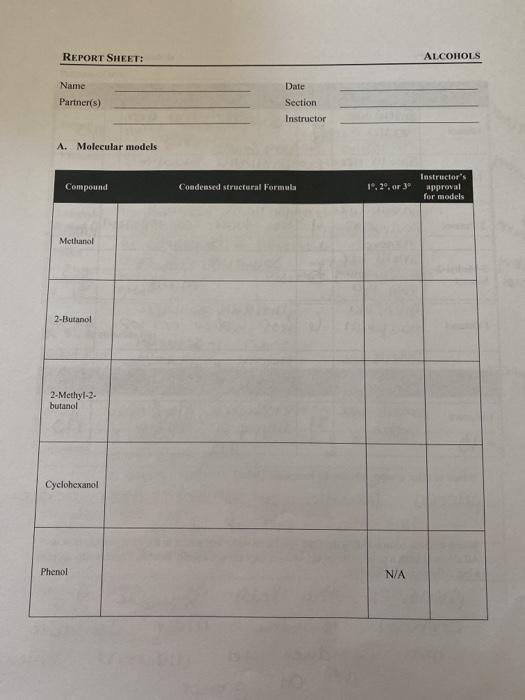 Solved REPORT SHEET: ALCOHOLS Name Partner(s) Date Section | Chegg.com
