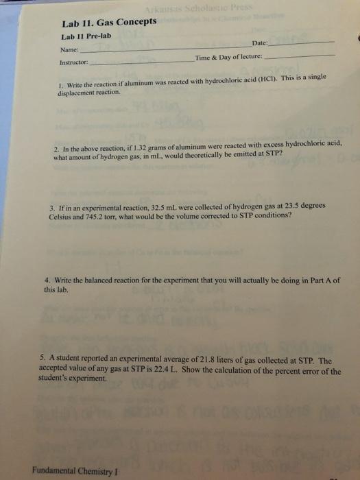 Solved Lab 11. Gas Concepts Lab 11 Pre-lab Name: Date: Time | Chegg.com