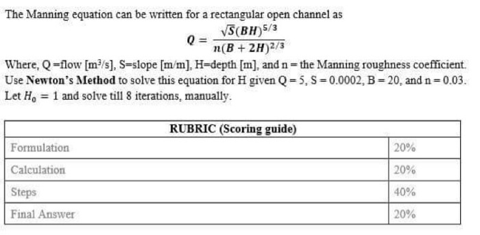 The Manning equation can be written for a rectangular | Chegg.com
