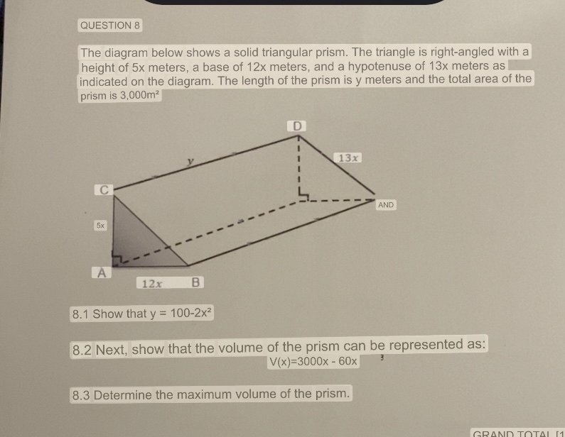 Solved QUESTION 8The diagram below shows a solid triangular | Chegg.com