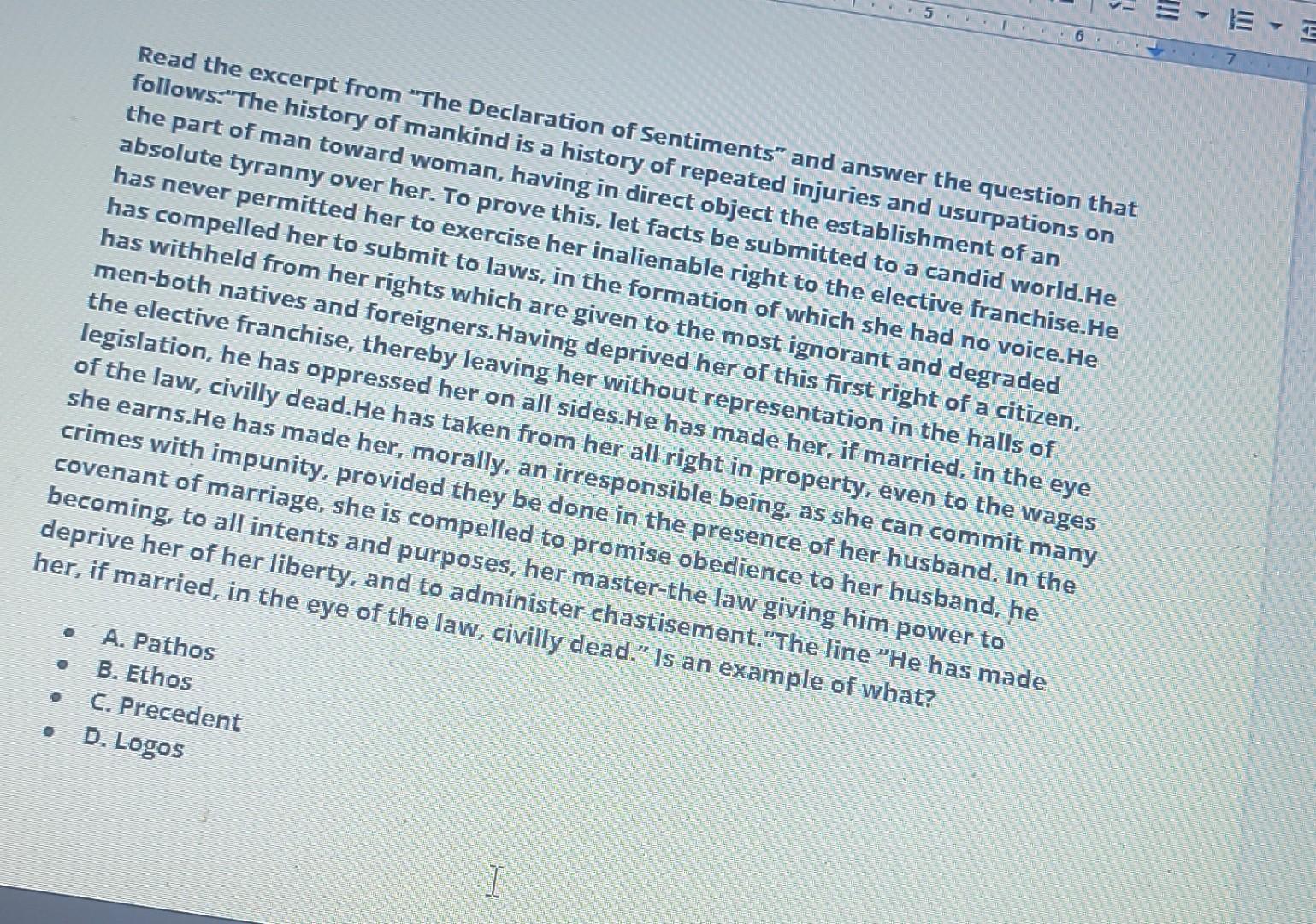 Solved Read the excerpt from "The Declaration of sentiments" | Chegg.com