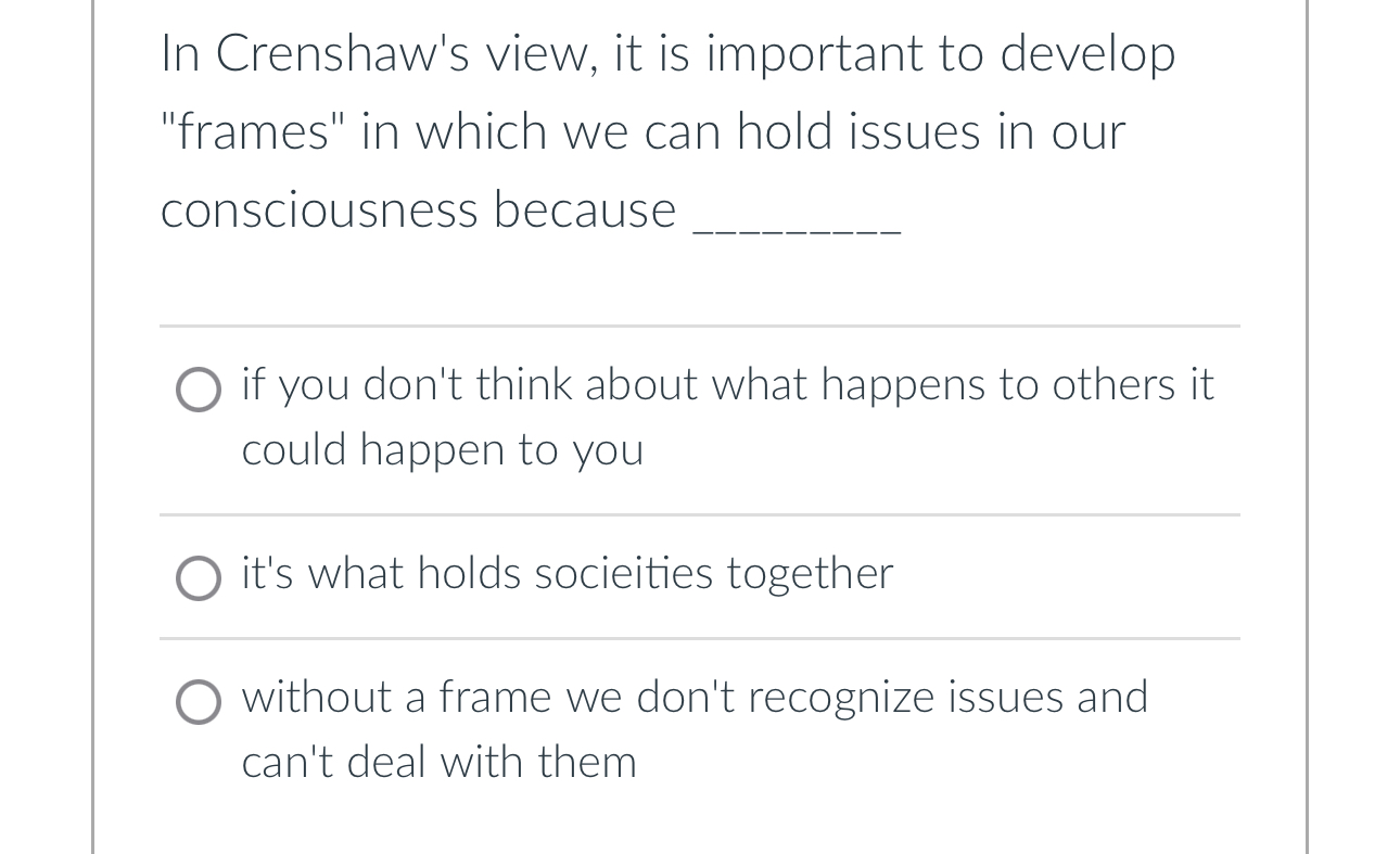 Solved In Crenshaw's view, it is important to develop | Chegg.com