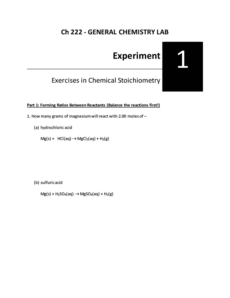 Solved Ch 222 - ﻿GENERAL CHEMISTRY LABExperimentExercises in | Chegg.com