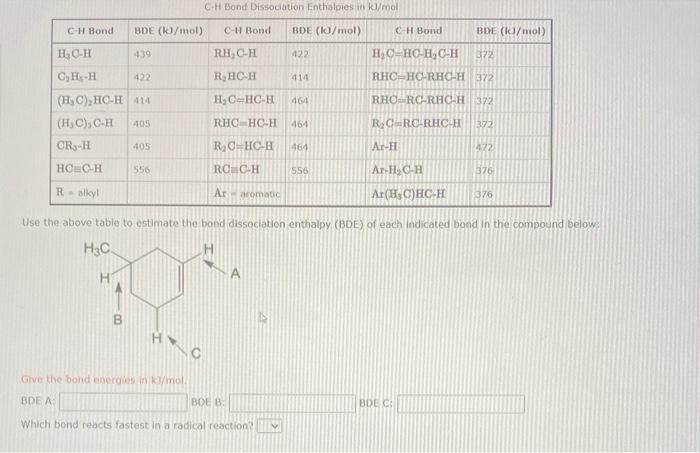 Solved Give the bond energies in k/mol. BDE A. BOE B: BDEC: | Chegg.com