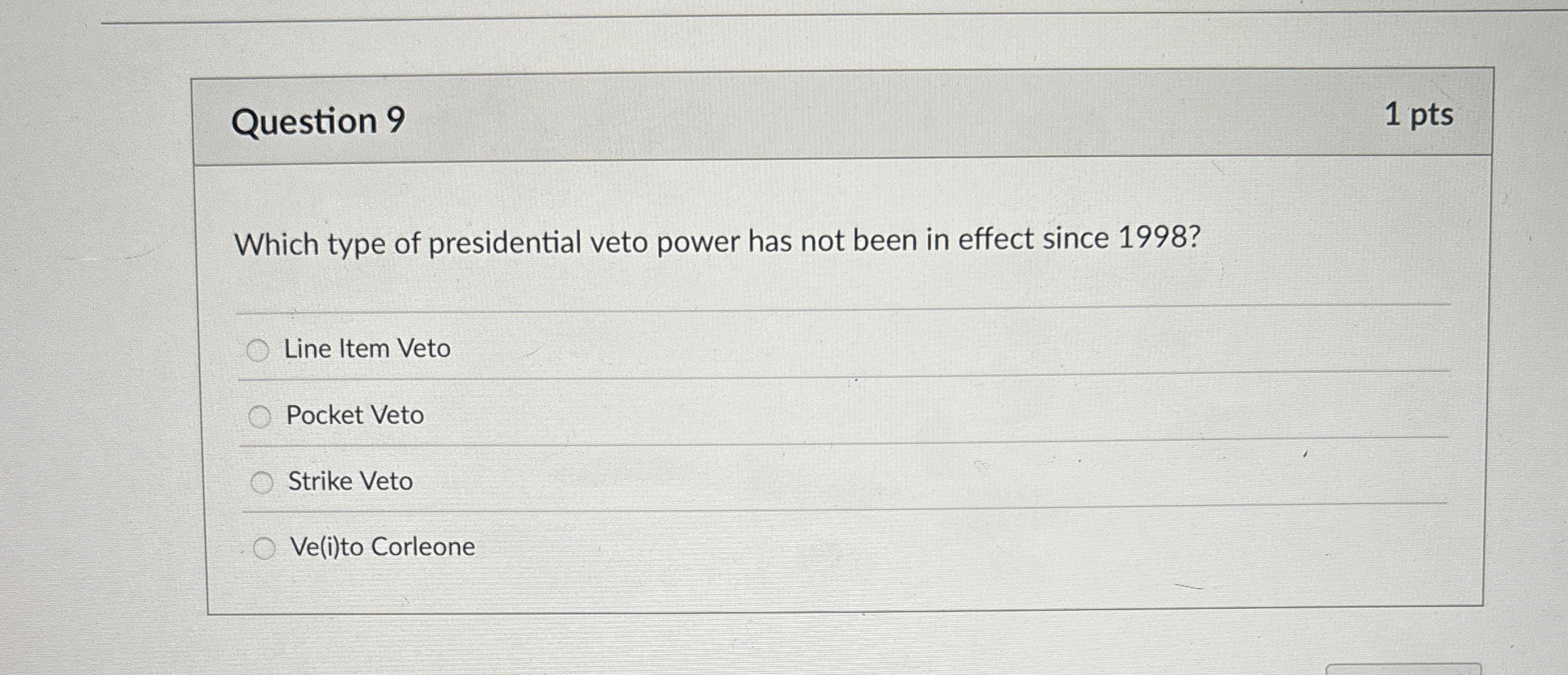 Solved Question 91 ﻿ptsWhich type of presidential veto power | Chegg.com