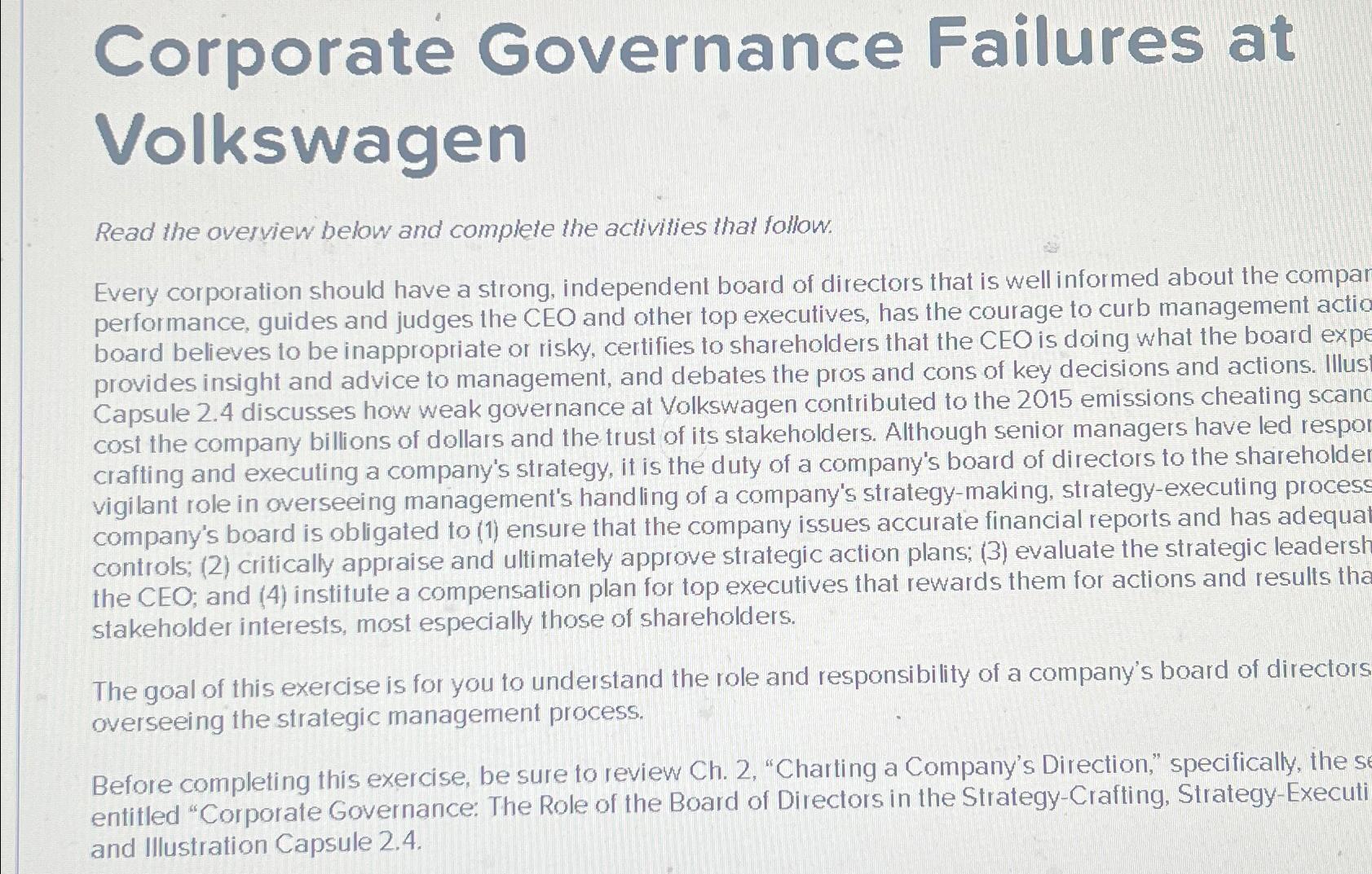 Solved Corporate Governance Failures at VolkswagenRead the | Chegg.com