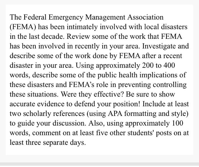 Solved The Federal Emergency Management Association (FEMA) | Chegg.com