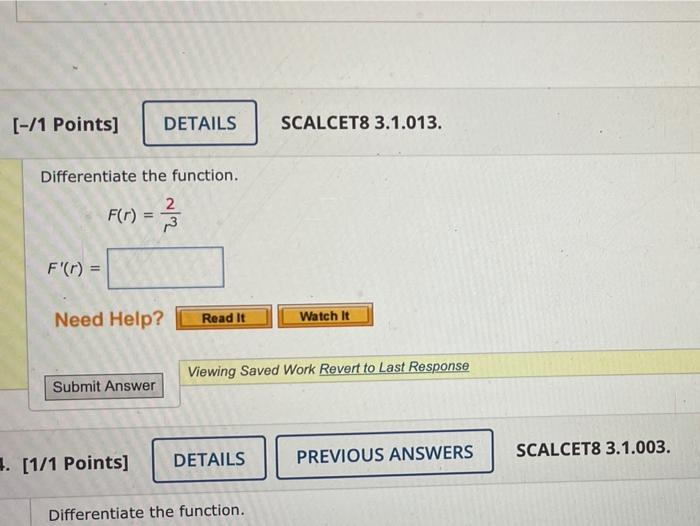 Solved [-/1 Points] DETAILS SCALCET8 3.1.013. Differentiate | Chegg.com