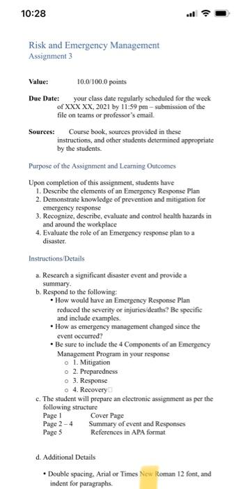 Solved 10:28 Risk and Emergency Management Assignment 3 | Chegg.com