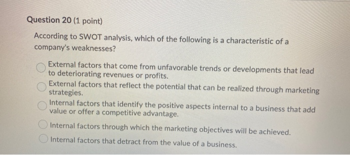 Solved Question 20 (1 point) According to SWOT analysis, | Chegg.com