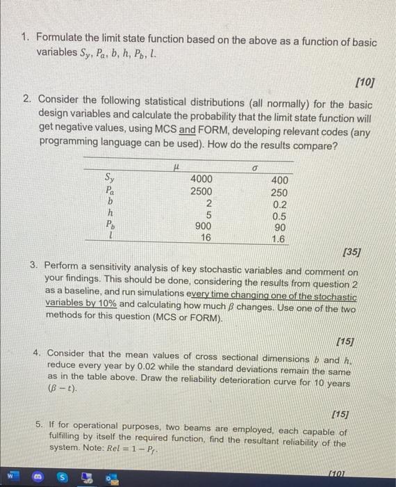 Solved 1. Formulate the limit state function based on the | Chegg.com