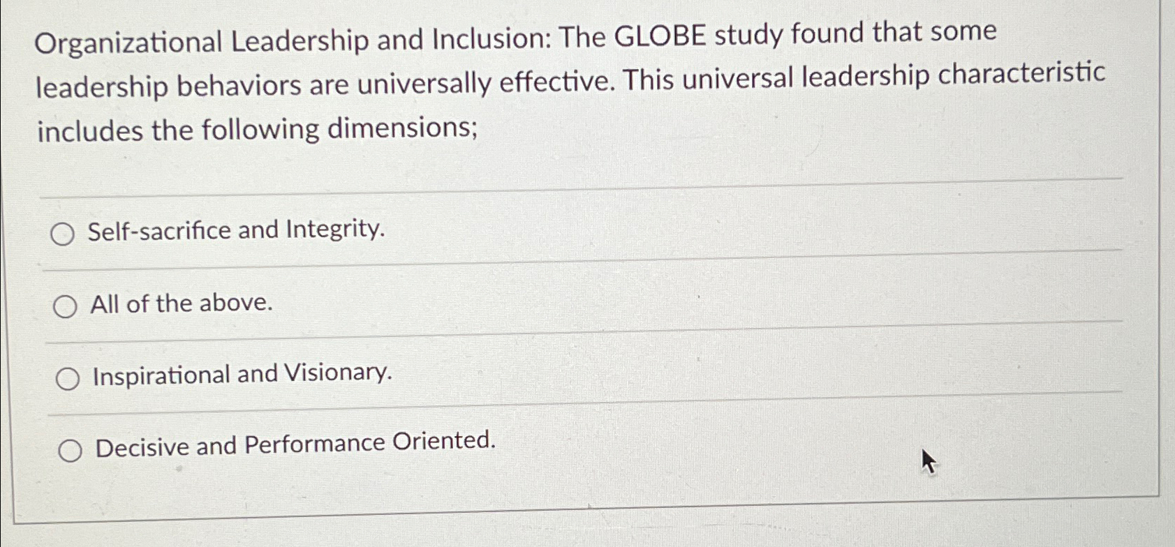 Solved Organizational Leadership and Inclusion: The GLOBE | Chegg.com