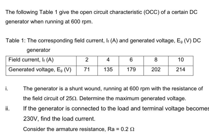 Solved The following Table 1 give the open circuit | Chegg.com