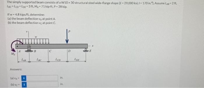 Solved The simply supported beam consists of a W10 30 | Chegg.com