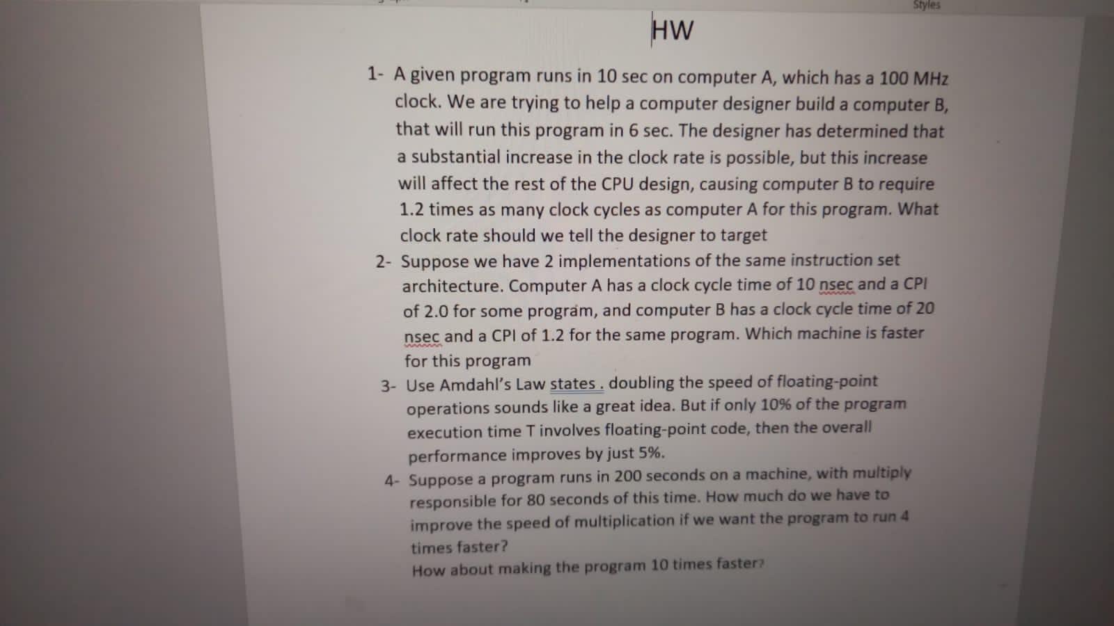 Solved HW1- ﻿A given program runs in 10sec ﻿on computer A, | Chegg.com