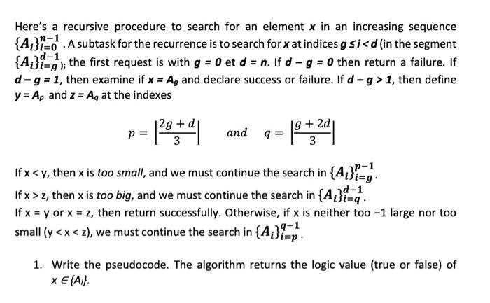 Here's a recursive procedure to search for an element | Chegg.com