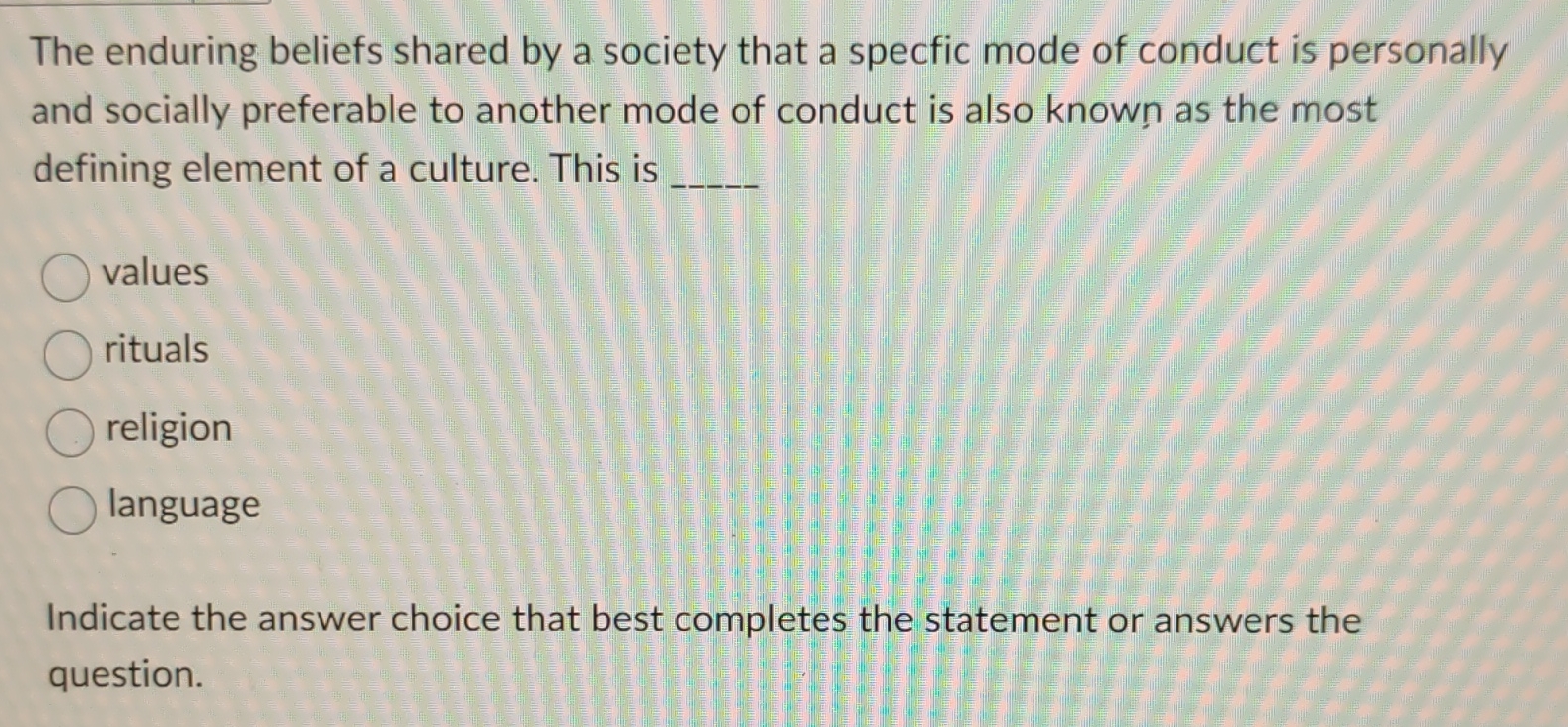 Solved The enduring beliefs shared by a society that a | Chegg.com