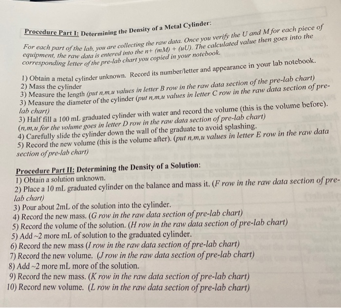 Procedure Part I: Determining the Density of a Metal | Chegg.com
