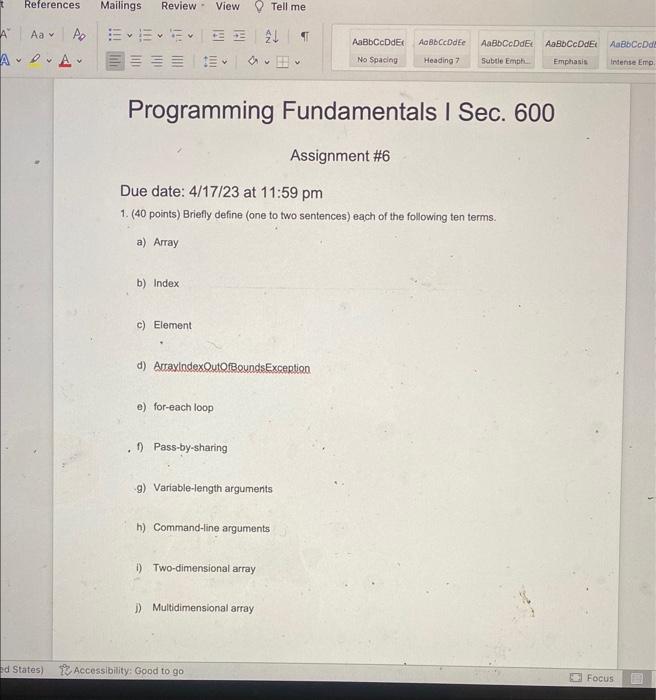 Solved Programming Fundamentals I Sec. 600 Assignment \#6 | Chegg.com