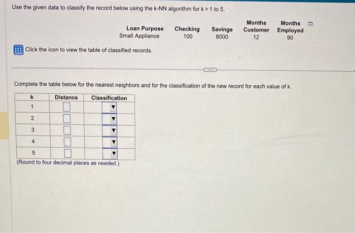 Use the given data to classify the record below using | Chegg.com