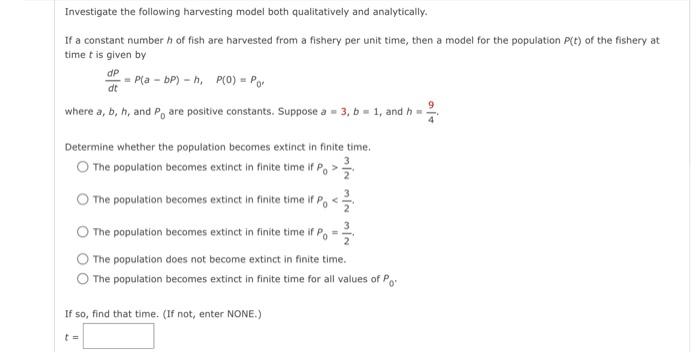 Solved Investigate the following harvesting model both | Chegg.com