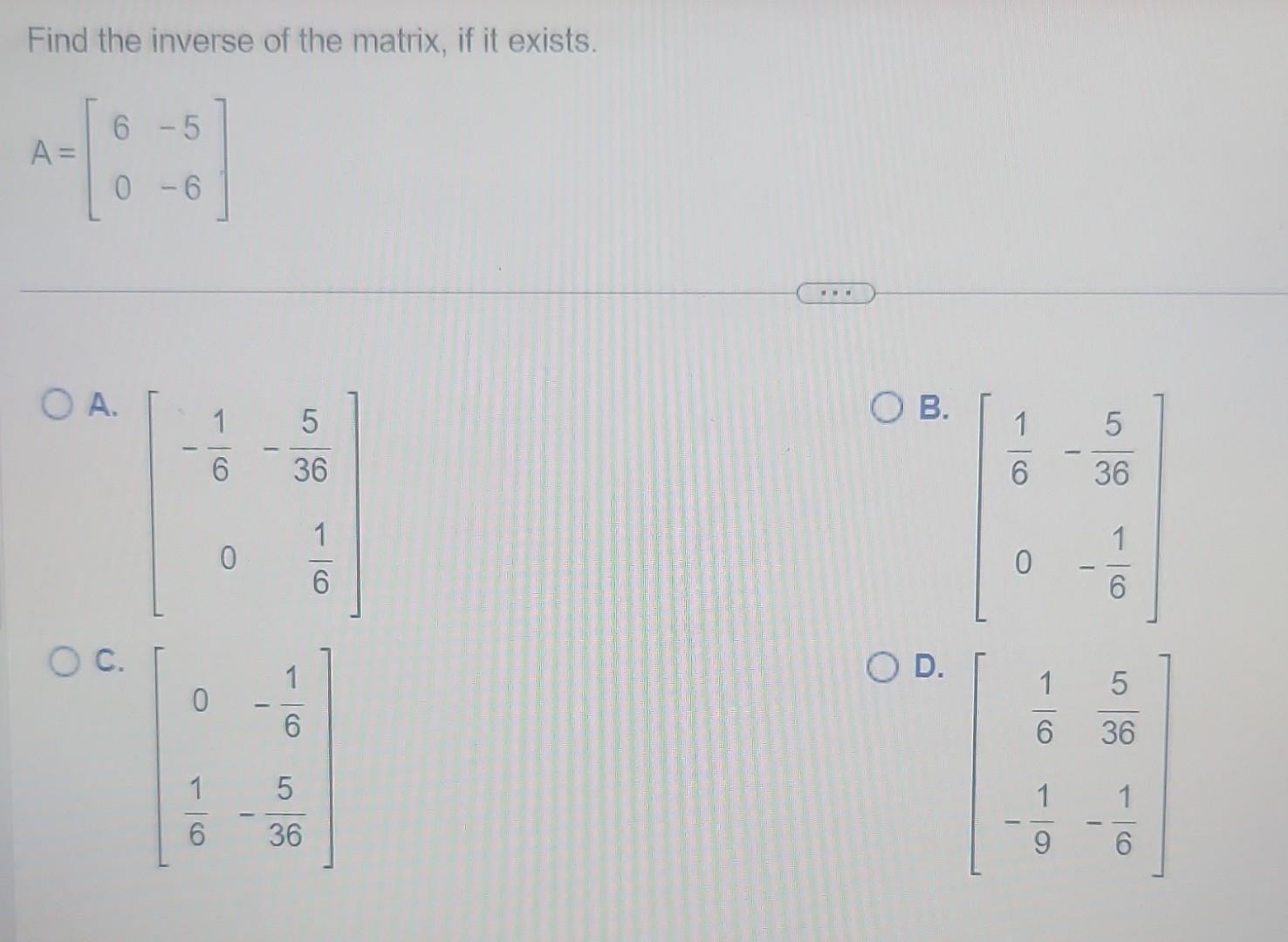 Solved Find the inverse of the matrix, if it exists. | Chegg.com