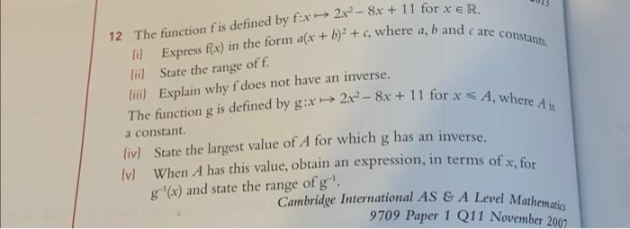 Solved 12 The function f is defined by f:x↦2x2−8x+11 for | Chegg.com