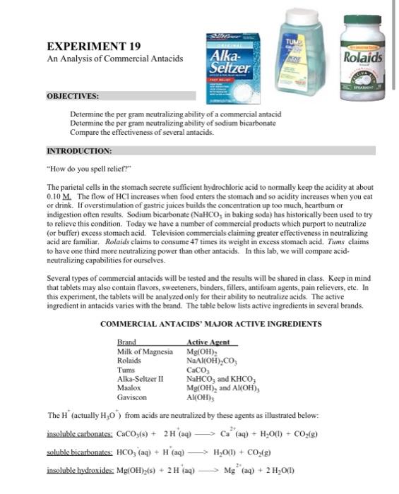 Solved TUMS EXPERIMENT 19 An Analysis of Commercial Antacids | Chegg.com