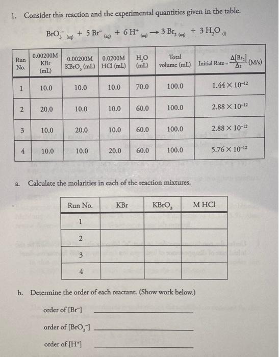 Solved 1. Consider this reaction and the experimental | Chegg.com