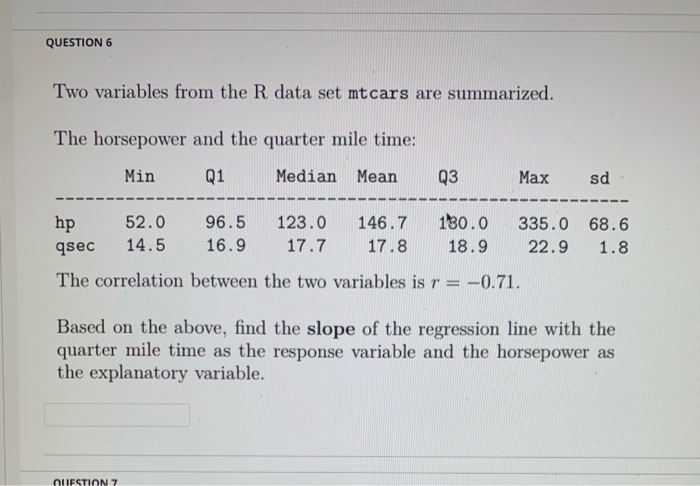 Solved QUESTION 6 Two variables from the R data set mtcars | Chegg.com