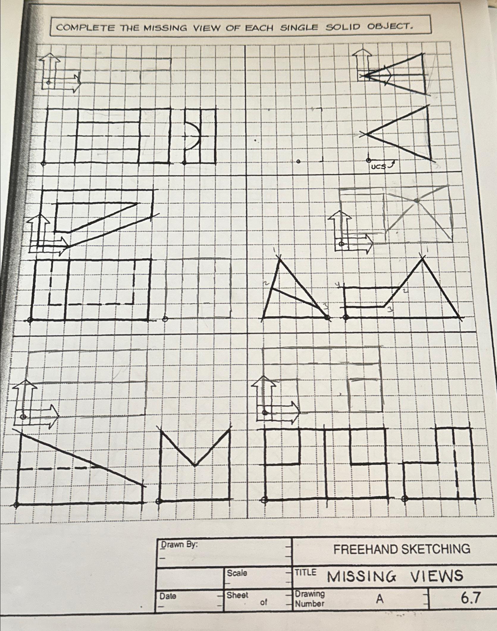 Solved COMPLETE THE MISSING VIEW OF EACH SINGLE SOLID | Chegg.com