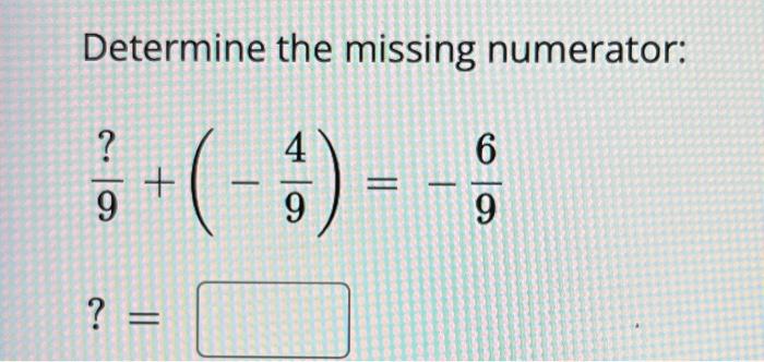 Solved Determine the missing numerator: 9?+(−94)=−96 | Chegg.com