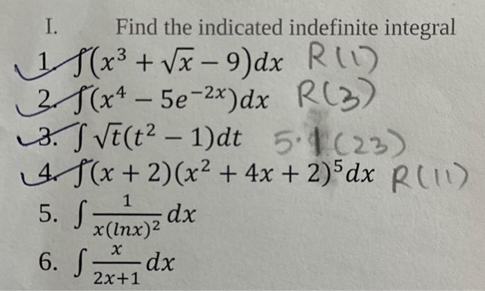 Solved I. Find the indicated indefinite integral 1. | Chegg.com