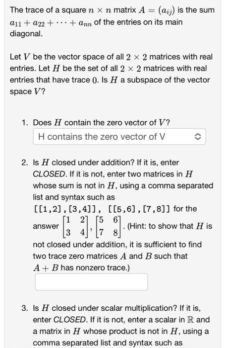 Solved The trace of a square n x n matrix A = (aij) is the | Chegg.com
