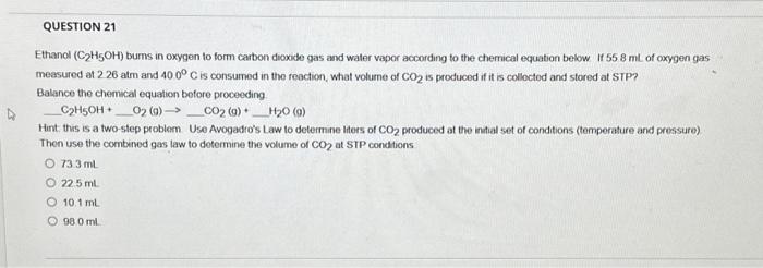 Solved Ethanol (C2H5OH) burns in oxygen to form carbon | Chegg.com