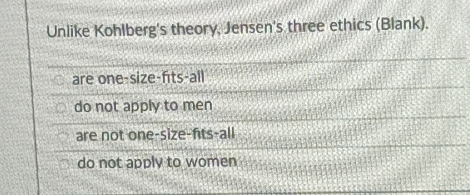 Solved Unlike Kohlberg's theory, Jensen's three ethics | Chegg.com