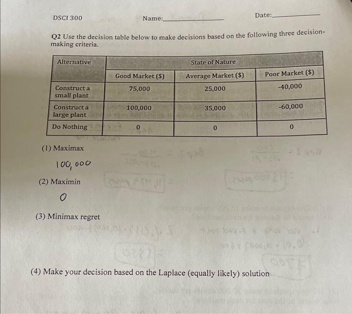 Q2 Use the decision table below to make decisions | Chegg.com