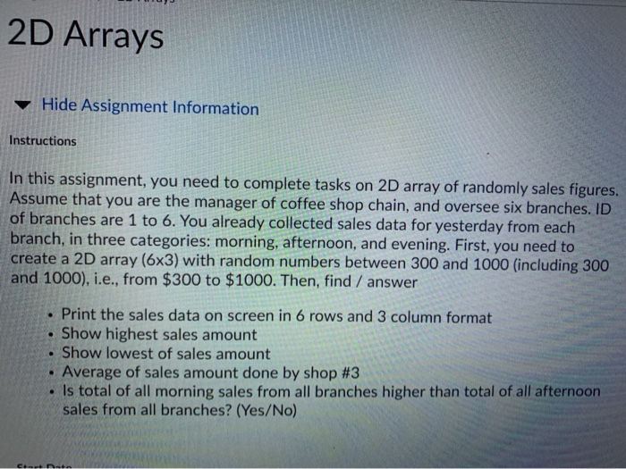 Solved 2D Arrays Hide Assignment Information Instructions In | Chegg.com