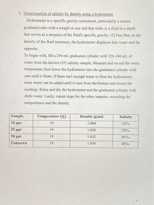 Solved 3. Determination of salinity by density using a | Chegg.com